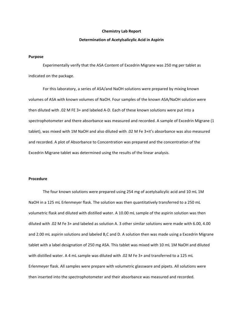 Chemistry Lab Report Determination Of Acetylsalicylic Acid In Chemistry Lab Report Determination Of Acetylsalicylic Acid In
