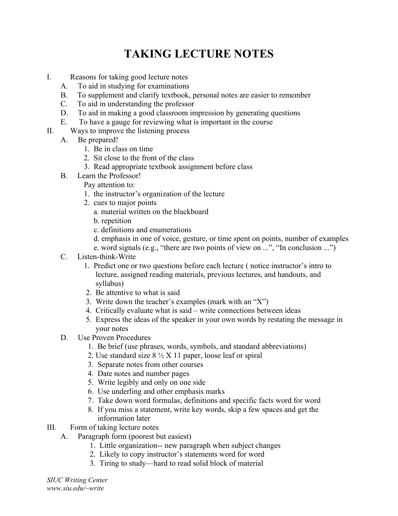 Outline Note Format