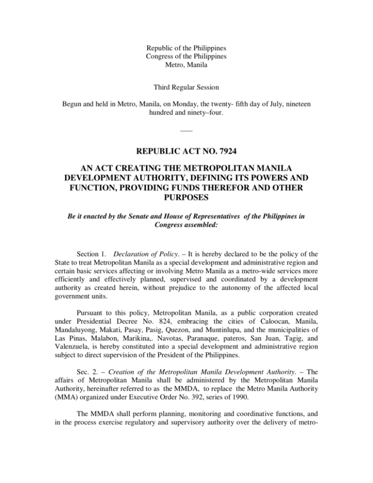 Republic Act No 7924 An Act Creating The Metropolitan