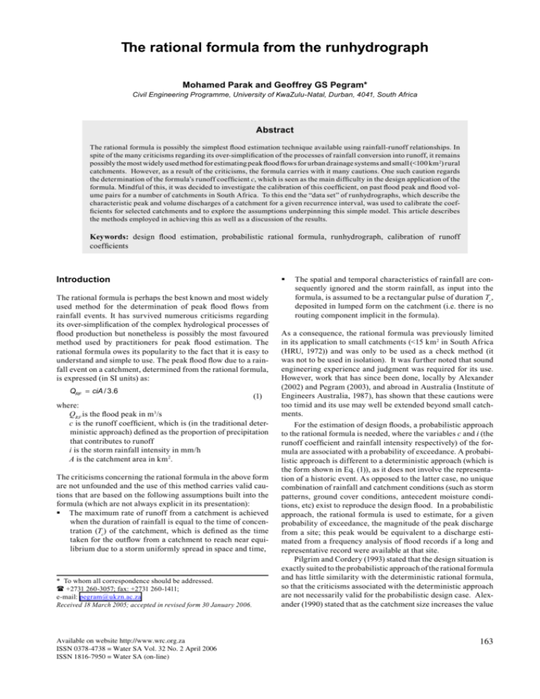 The rational formula from the runhydrograph