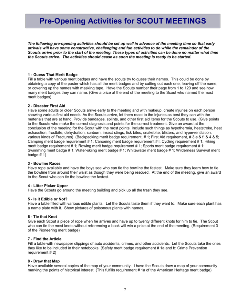 Pre Opening Activities For SCOUT MEETINGS