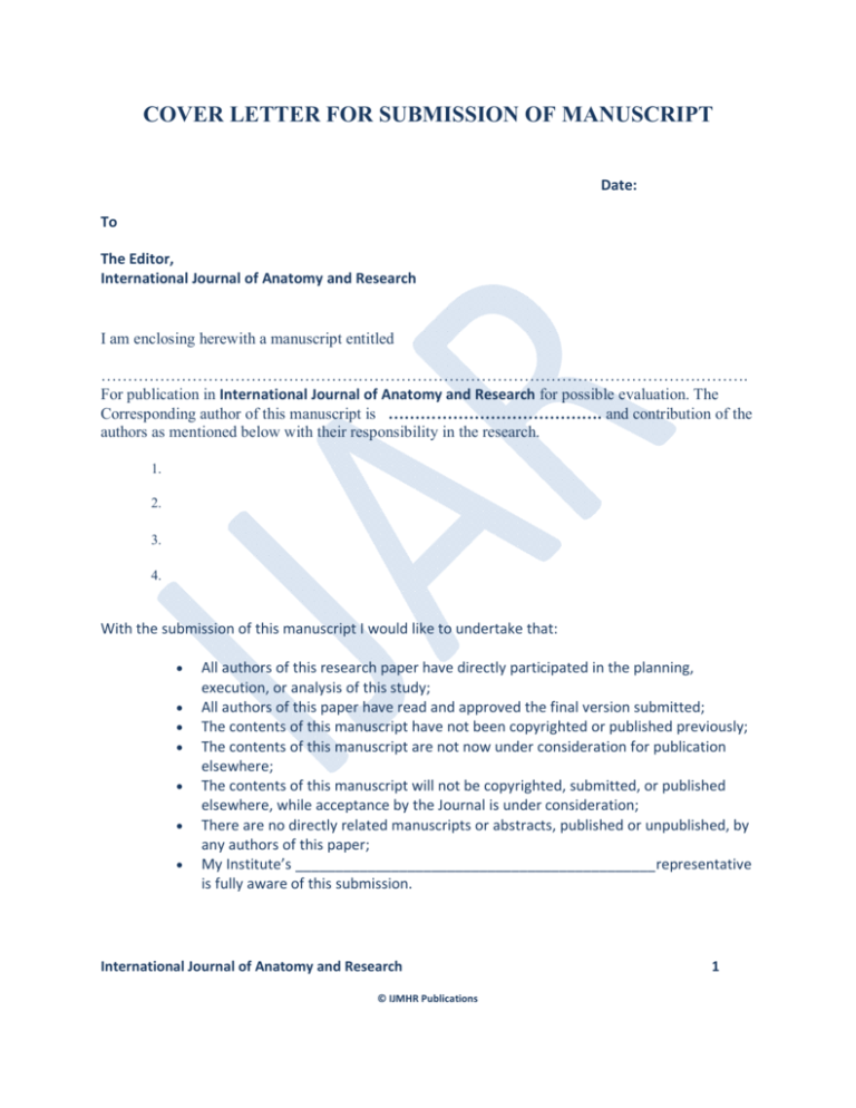 Cover Letter For Submission Of Manuscript