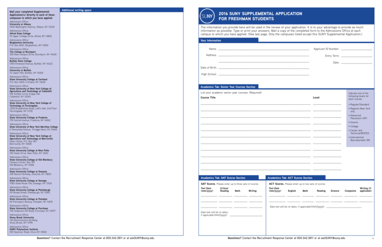 2016 SUNY SUPPLEMENTAL APPLICATION FOR FRESHMAN