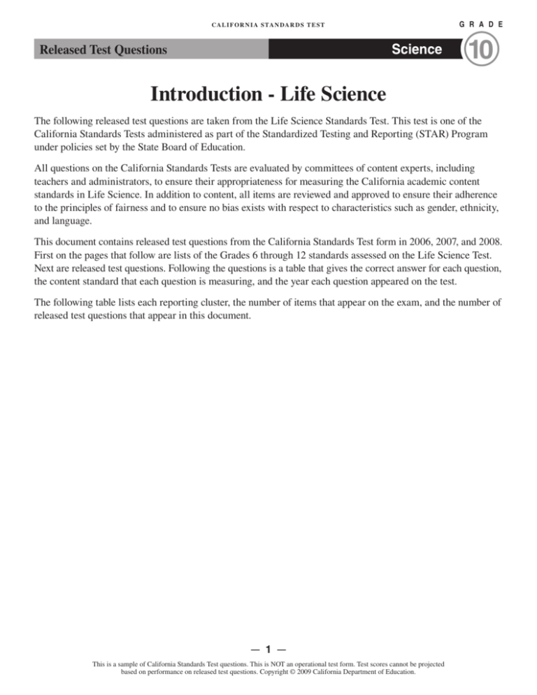 CST 2008 Released Test Questions Grade 10 Science