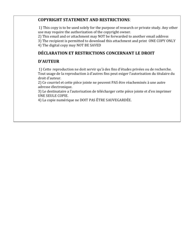 COPYRIGHT STATEMENT AND RESTRICTIONS D CLARATION COPYRIGHT STATEMENT AND RESTRICTIONS D CLARATION