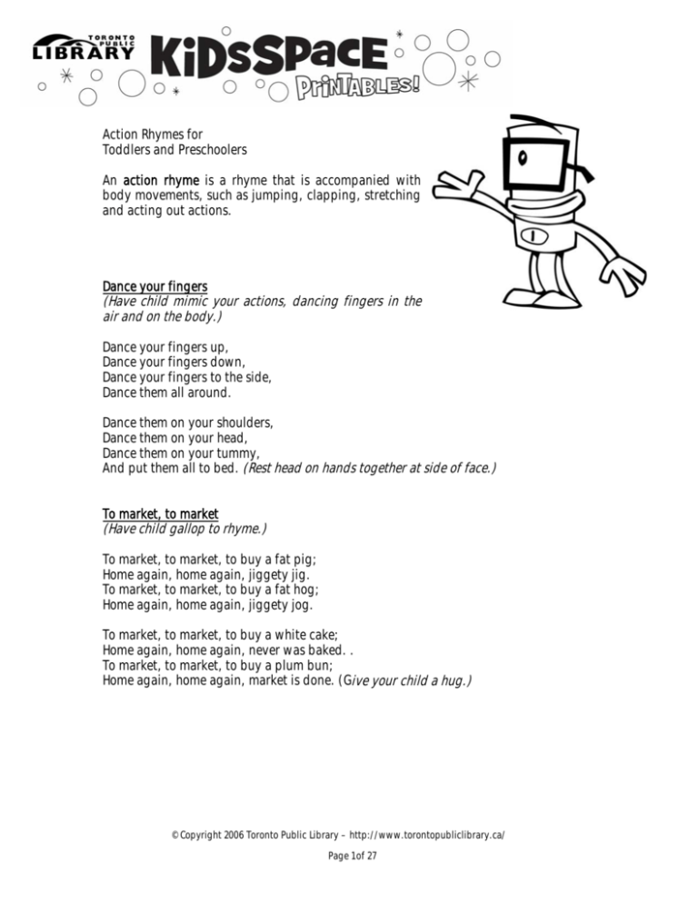 Action Rhymes For Toronto Public Library Action Rhymes For Toronto Public Library