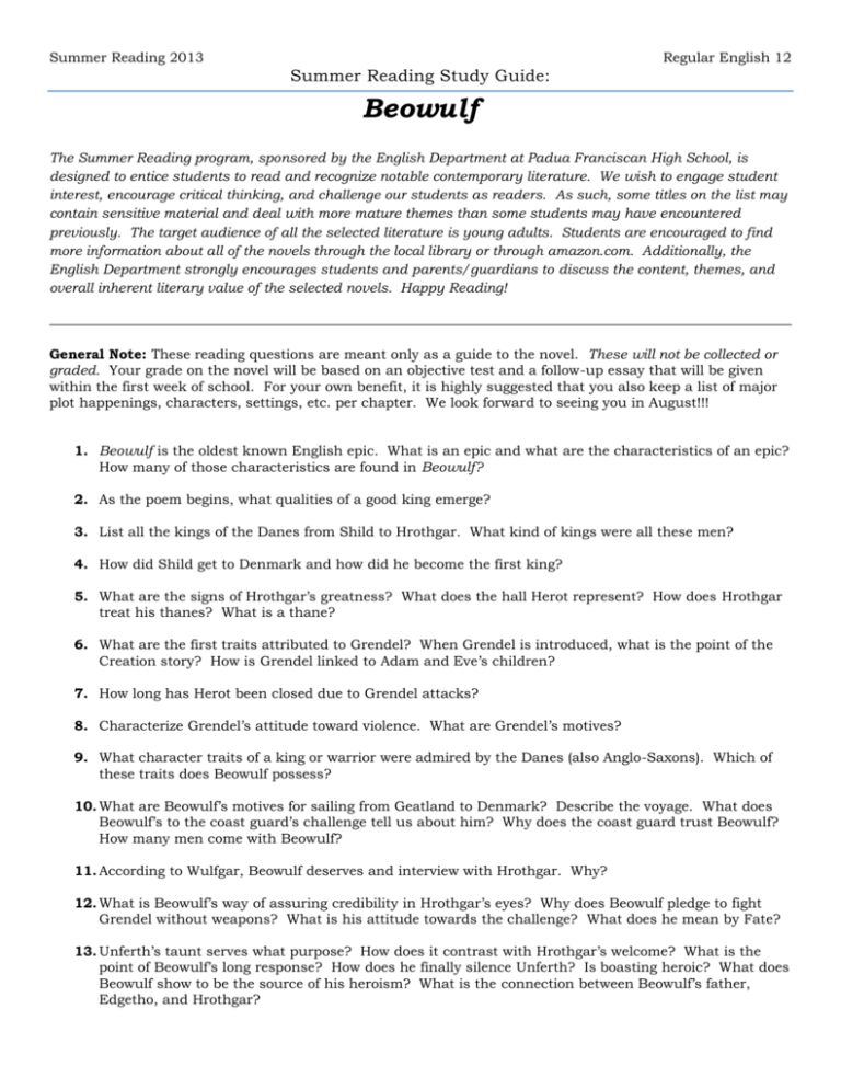 Beowulf Study Guide: Regular English 12
