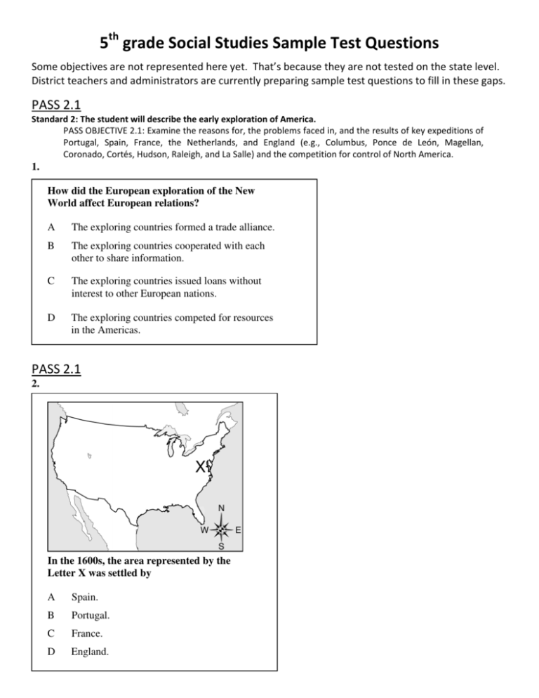 5 Grade Social Studies Sample Test Questions 5 Grade Social Studies Sample Test Questions