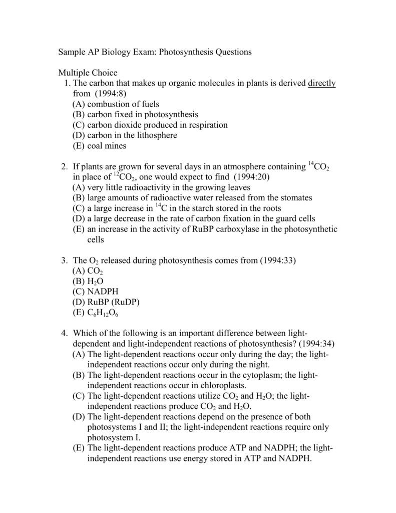 Sample AP Biology Exam Photosynthesis Questions