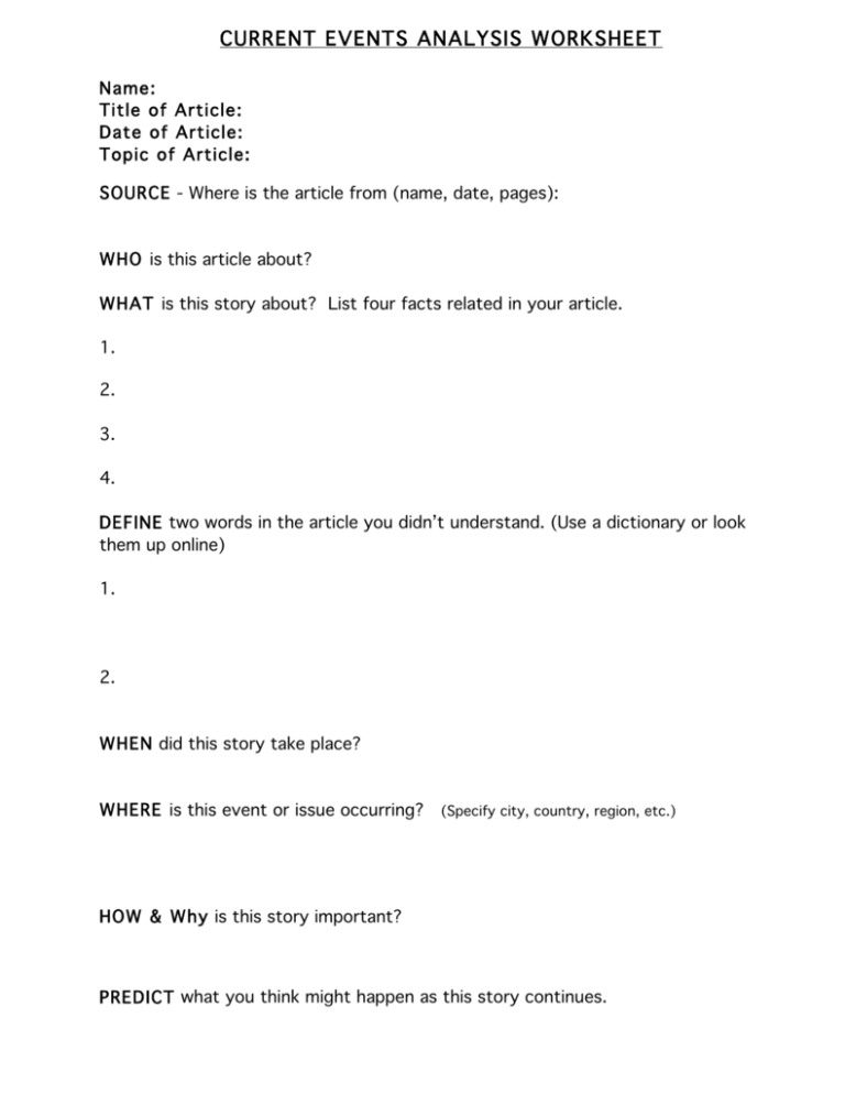 Current Events Analysis Worksheet Current Events Analysis Worksheet