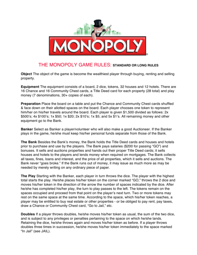THE MONOPOLY GAME RULES STANDARD OR LONG RULES