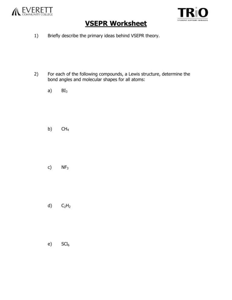 VSEPR Worksheet VSEPR Worksheet