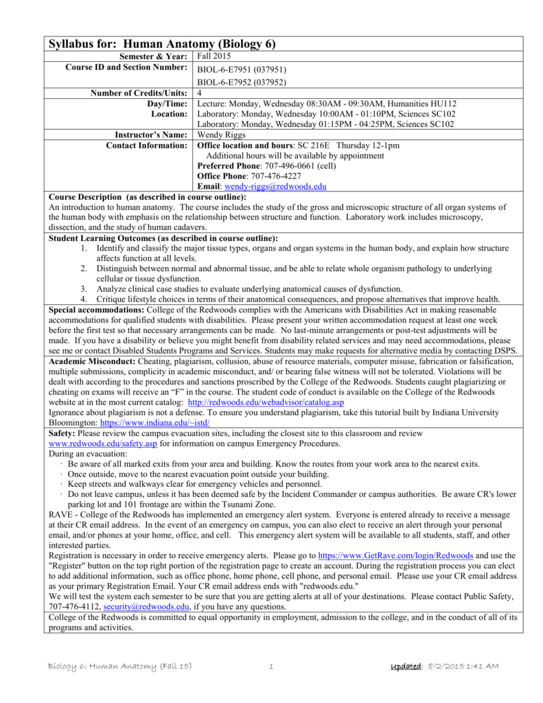 Syllabus For Human Anatomy Biology 6 