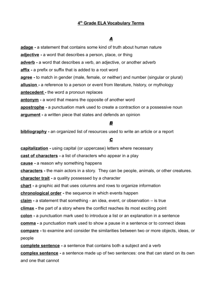 4 Th Grade ELA Vocabulary Terms A Adage