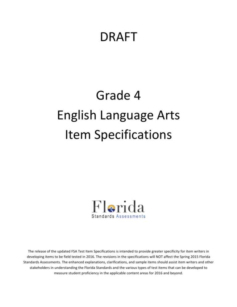 Grade 4 ELA Test Item Specifications Grade 4 ELA Test Item Specifications