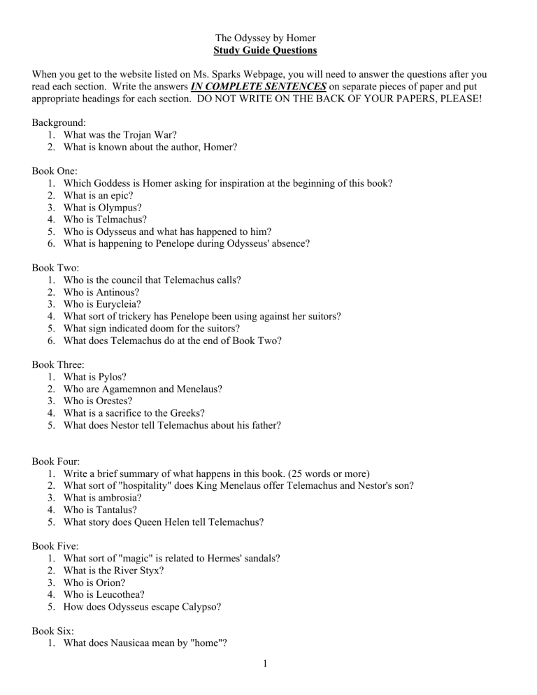 The Odyssey by Homer Study Guide Questions