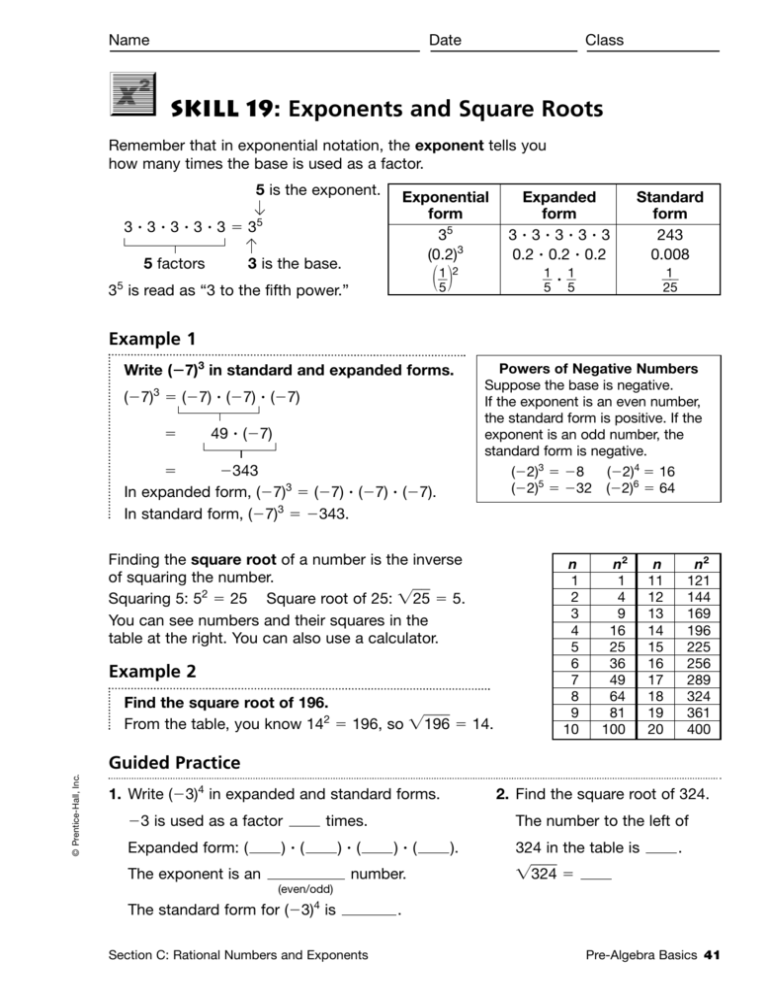 Skill 19 Exponents And Square Roots
