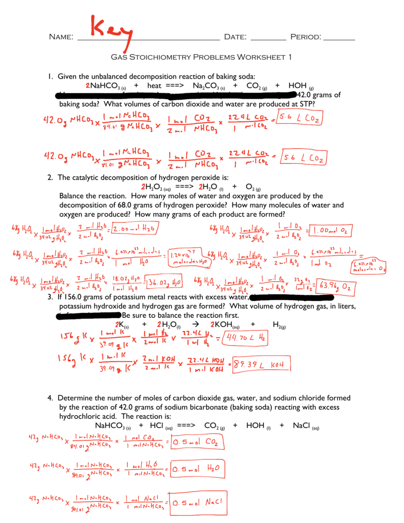 Stoichiometry Worksheet Answer Key
