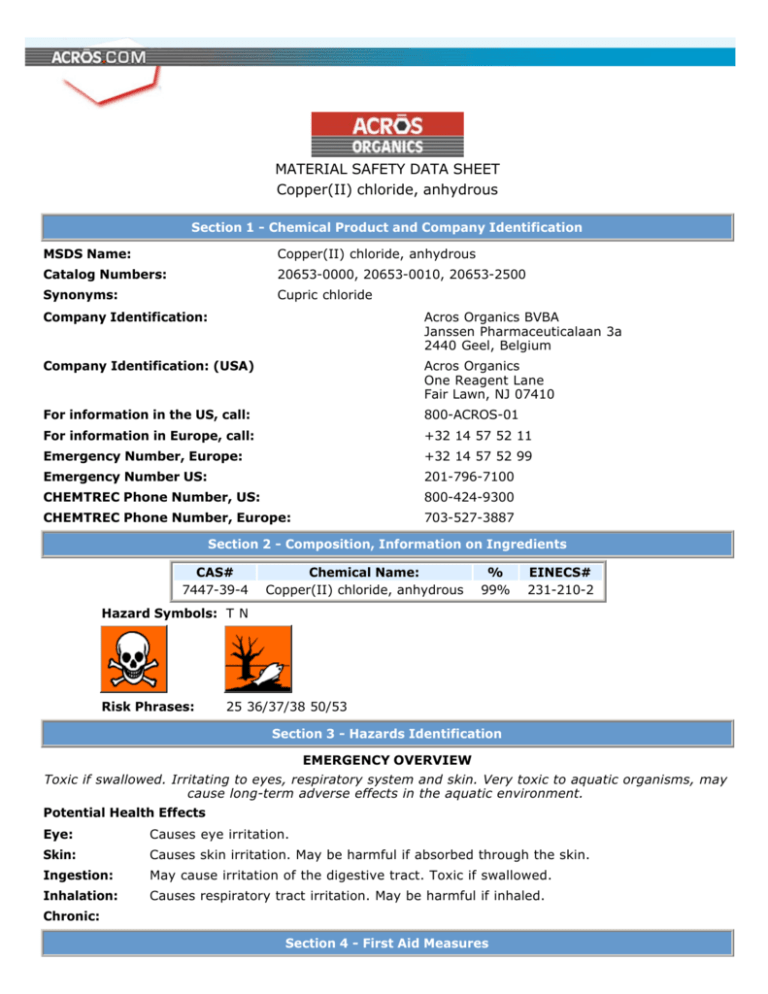 MATERIAL SAFETY DATA SHEET Copper II Chloride Anhydrous
