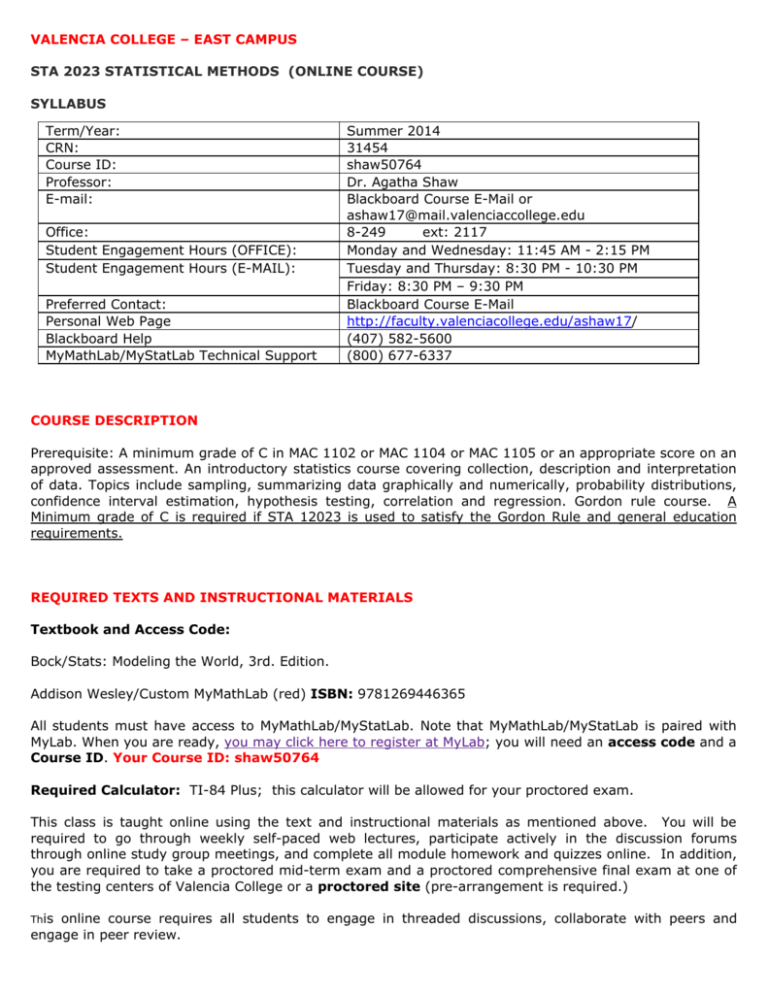 Statistical Methods Online Course Syllabus