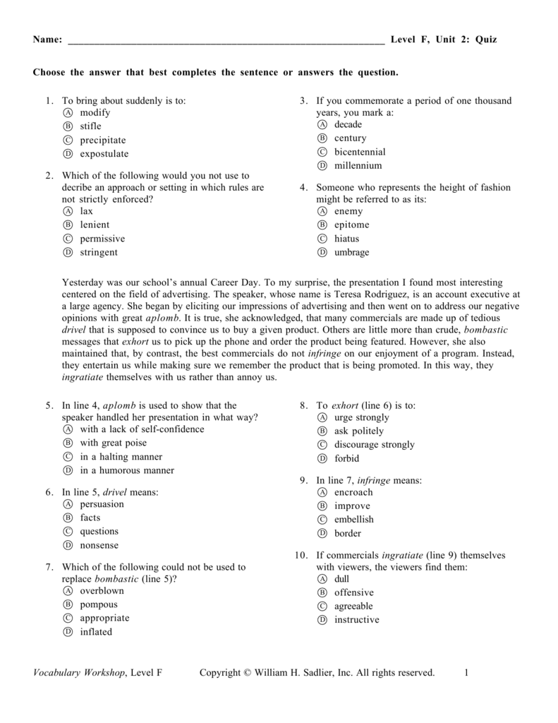 Name Level F Unit 2 Quiz Vocabulary Workshop Sadlier
