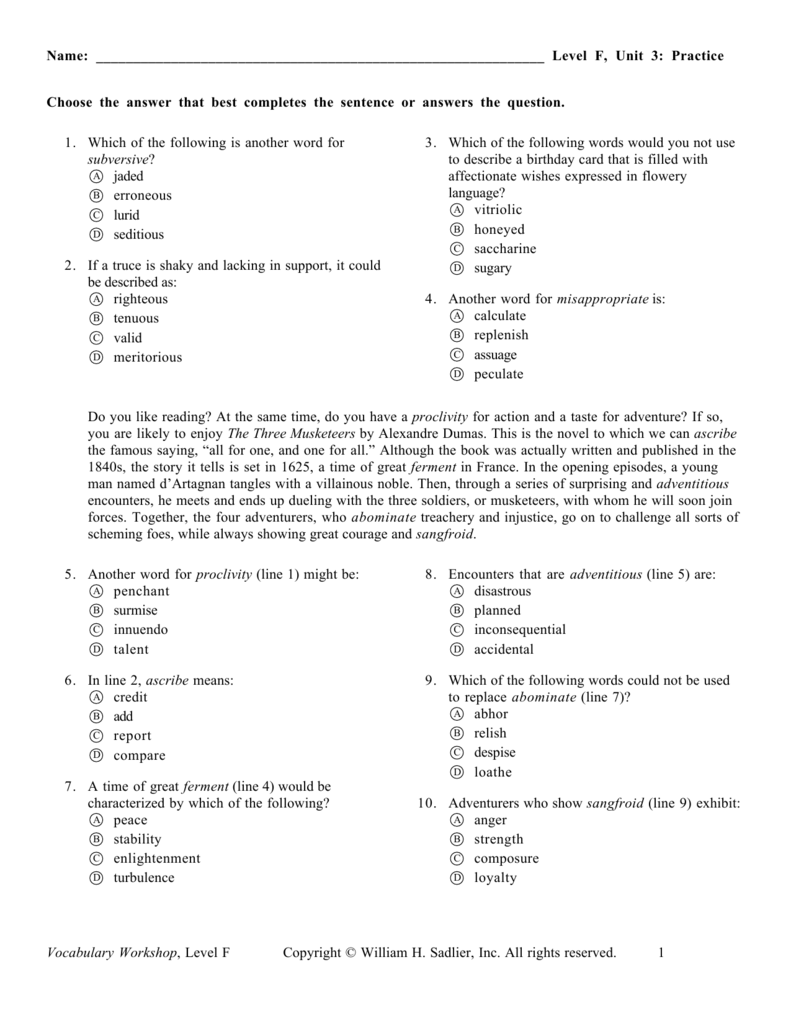 Level F Unit 3 Practice Vocabulary Workshop Sadlier Level F Unit 3 Practice Vocabulary Workshop Sadlier