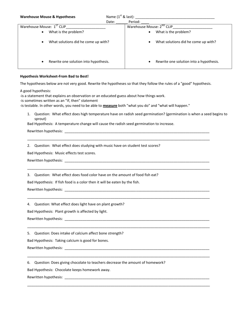 Practice Writing Hypothesis Worksheet