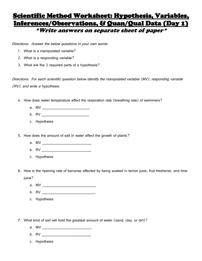 Identifying Variables And Hypothesis Writing