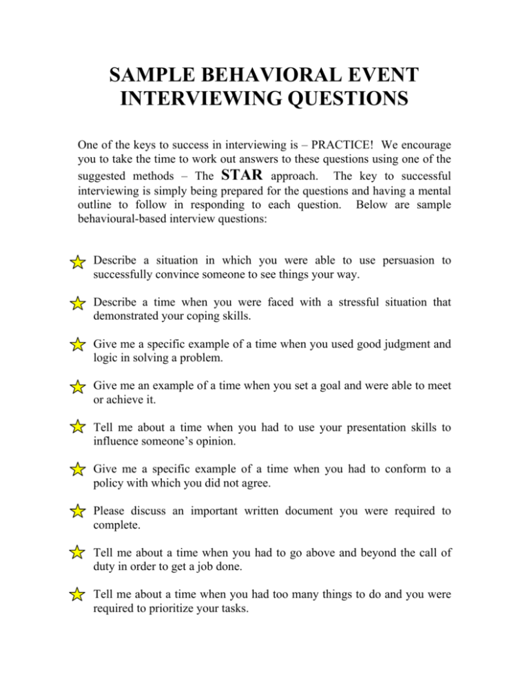 SAMPLE BEHAVIORAL EVENT INTERVIEWING IONS