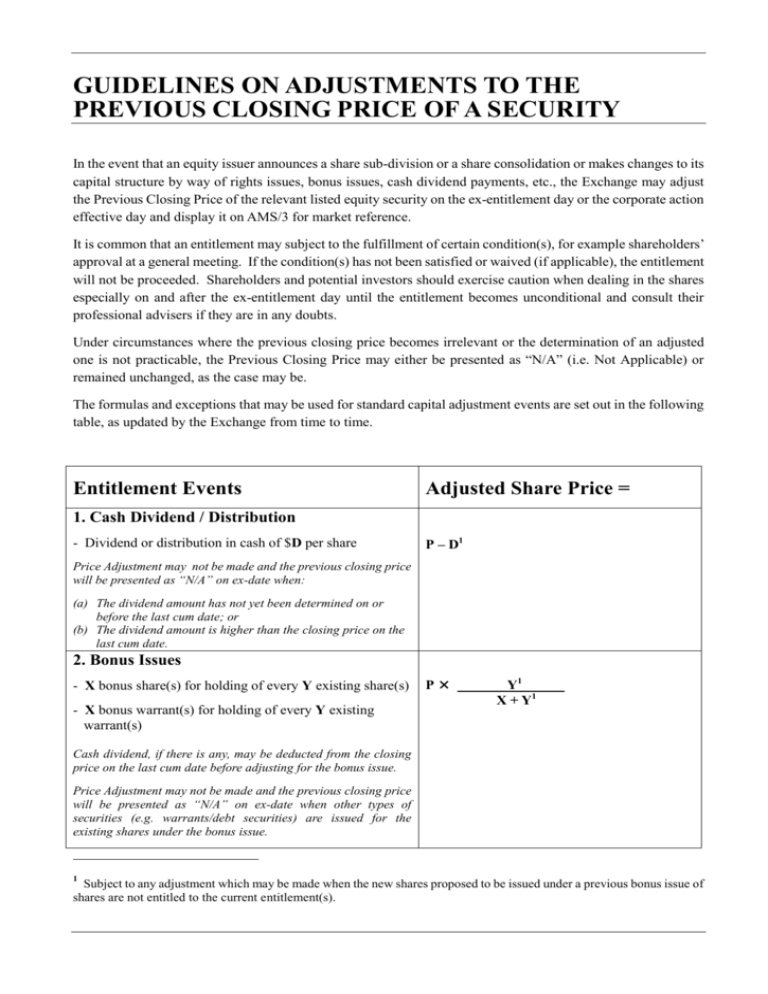 Previous Closing Price Adjustment