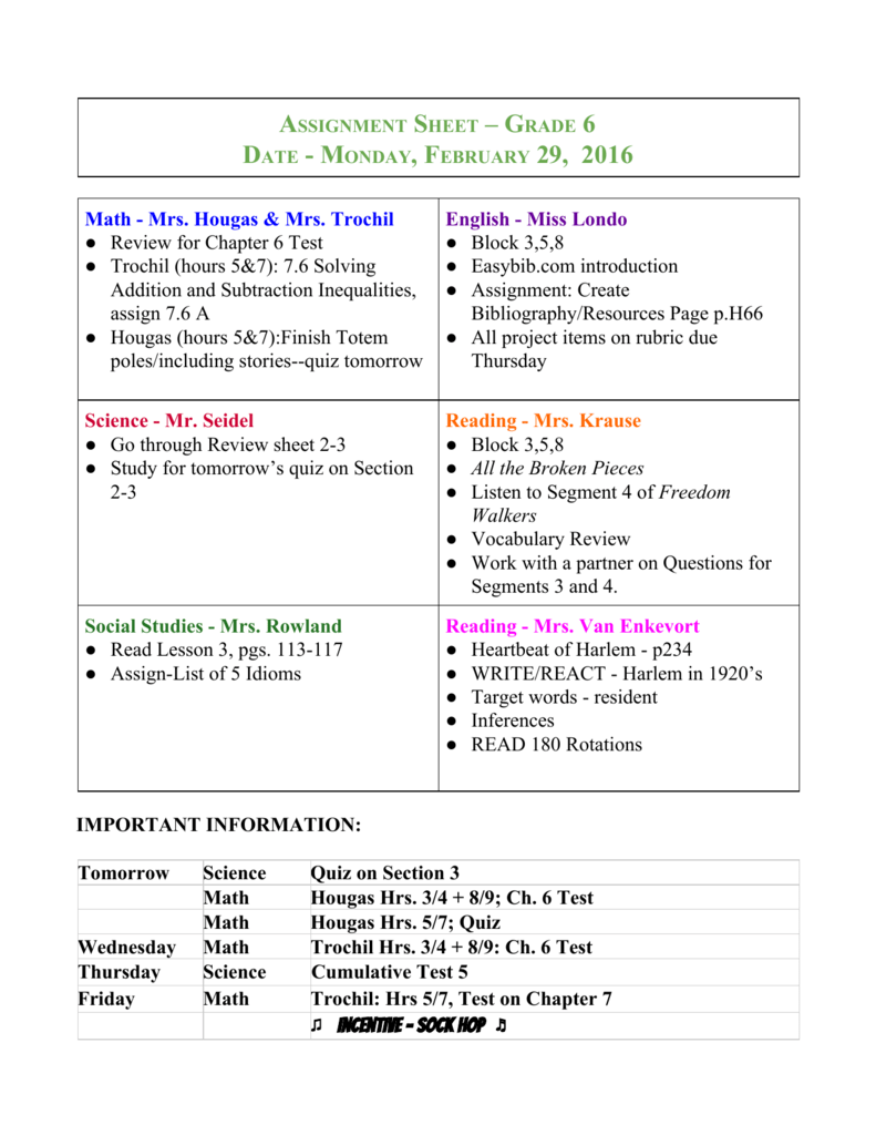 6th Grade Assignments 6th Grade Assignments