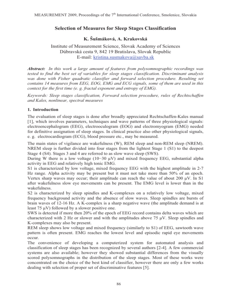 Selection of Measures for Sleep Stages Classification