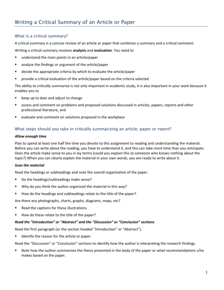 Writing A Critical Summary Of An Article Or Paper