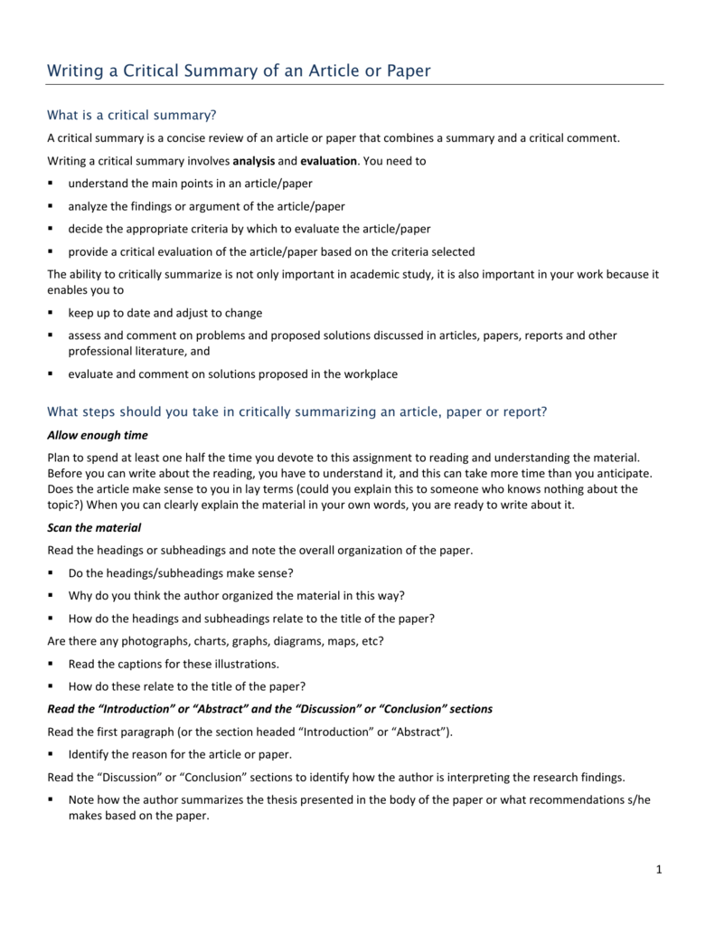Writing A Critical Summary Of An Article Or Paper Writing A Critical Summary Of An Article Or Paper