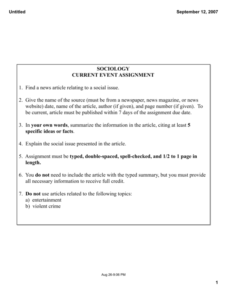 SOCIOLOGY CURRENT EVENT ASSIGNMENT 1 Find A News