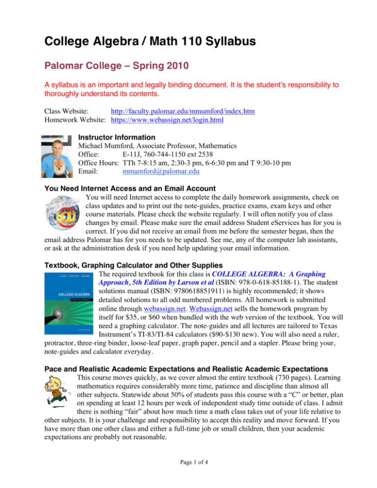 College Algebra Math 110 Syllabus