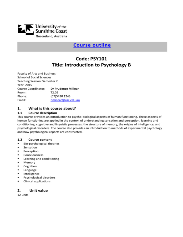 PSY101 Course Outline Semester 2, 2015