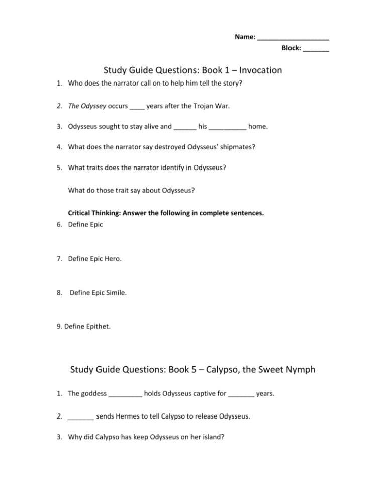 The Odyssey Study Guide: Books 1-23
