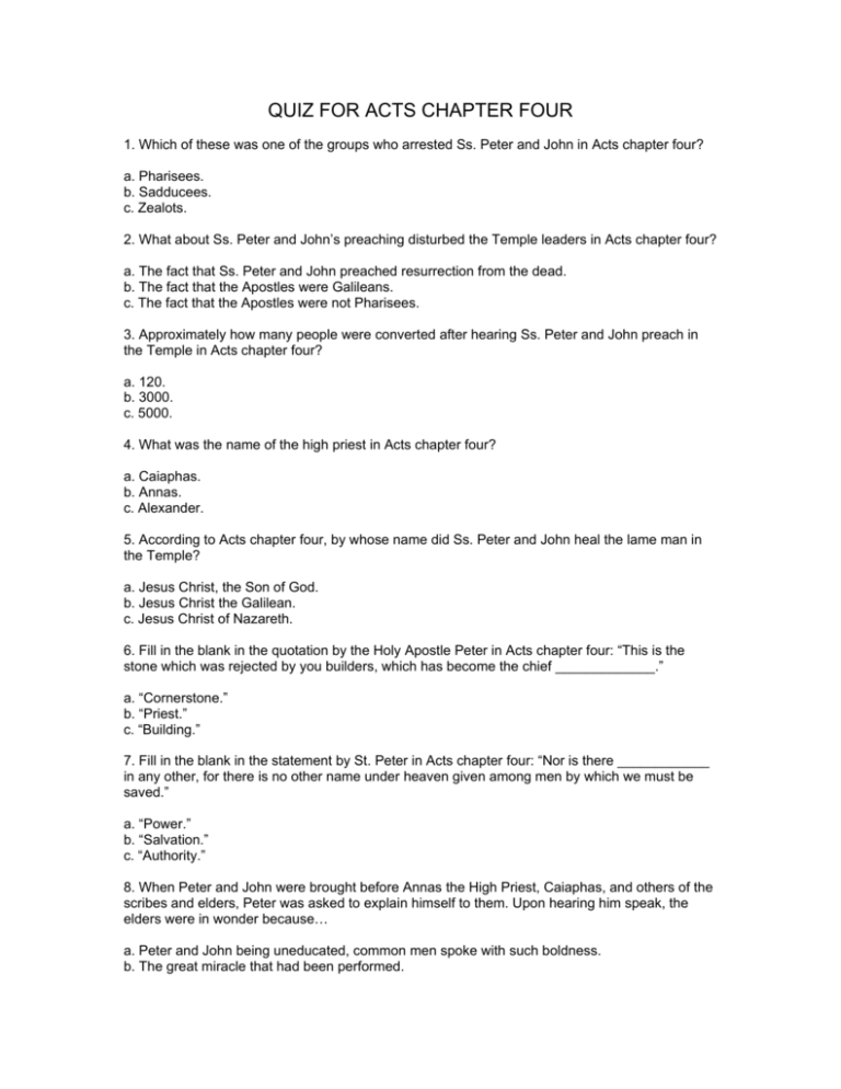 Quiz For Acts Chapter Four
