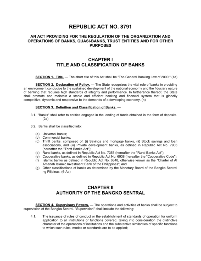 Republic Act No 8791 Bangko Sentral Ng Pilipinas Republic Act No 8791 Bangko Sentral Ng Pilipinas