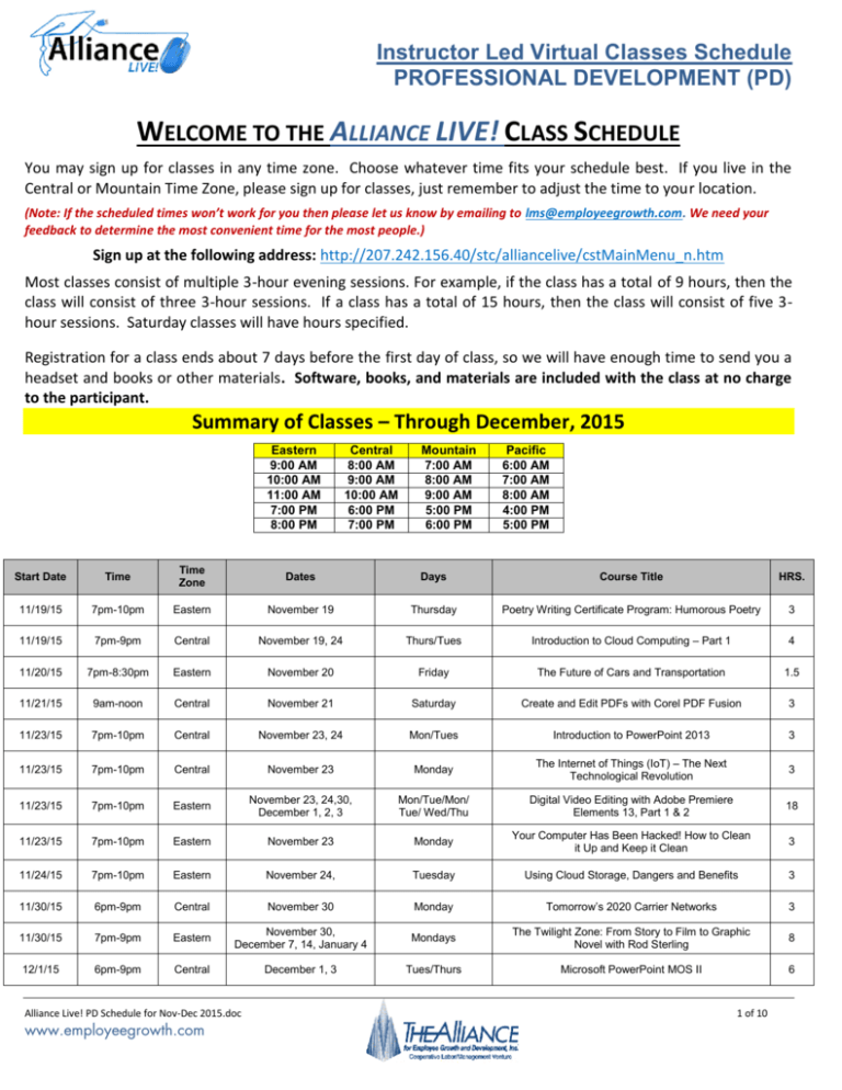 WELCOME TO THE ALLIANCE LIVE CLASS SCHEDULE
