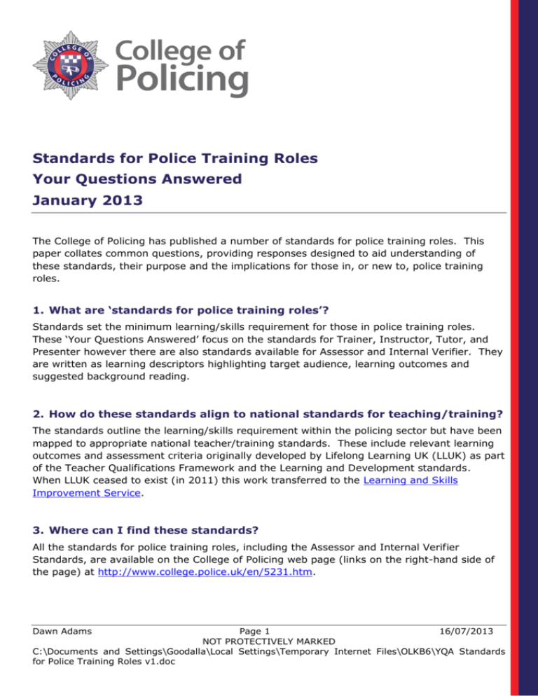 College of Policing Standards for Training Roles