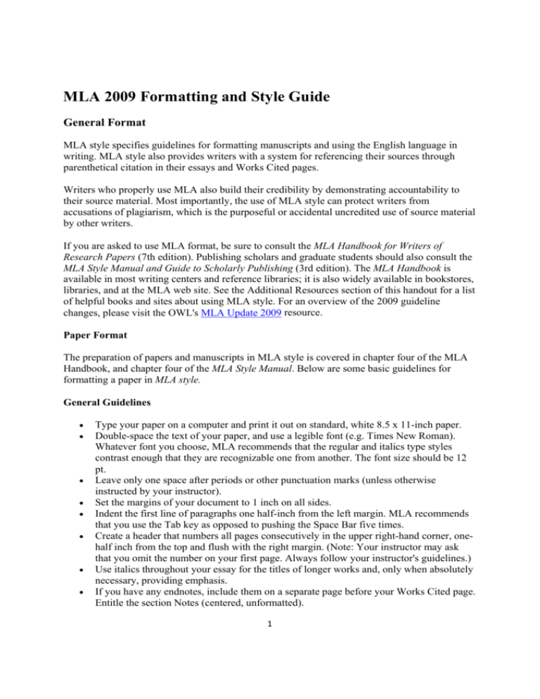 MLA 2009 Formatting And Style Guide