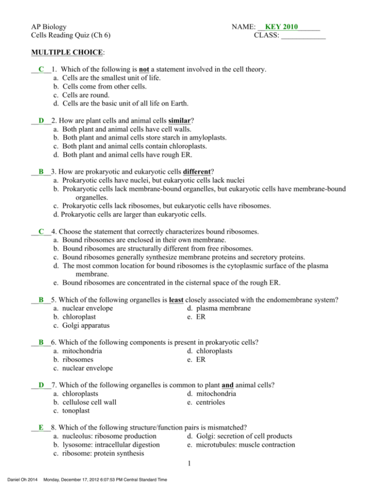 Chapter 6 Quiz Key Chapter 6 Quiz Key
