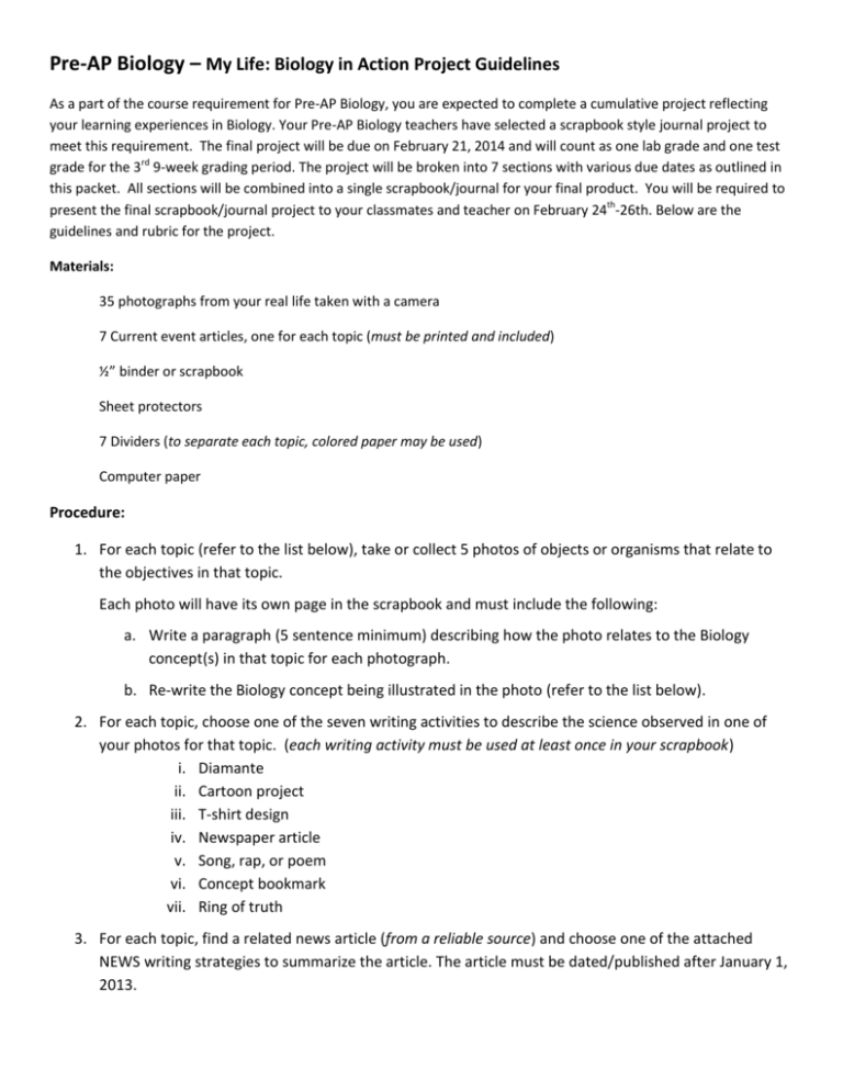 Pre AP Biology My Life Biology In Action Project