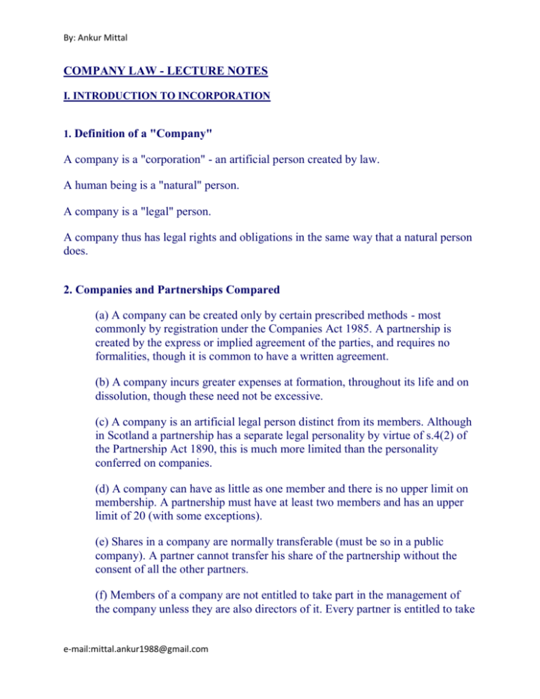 COMPANY LAW LECTURE NOTES 1 Definition Of A Company A