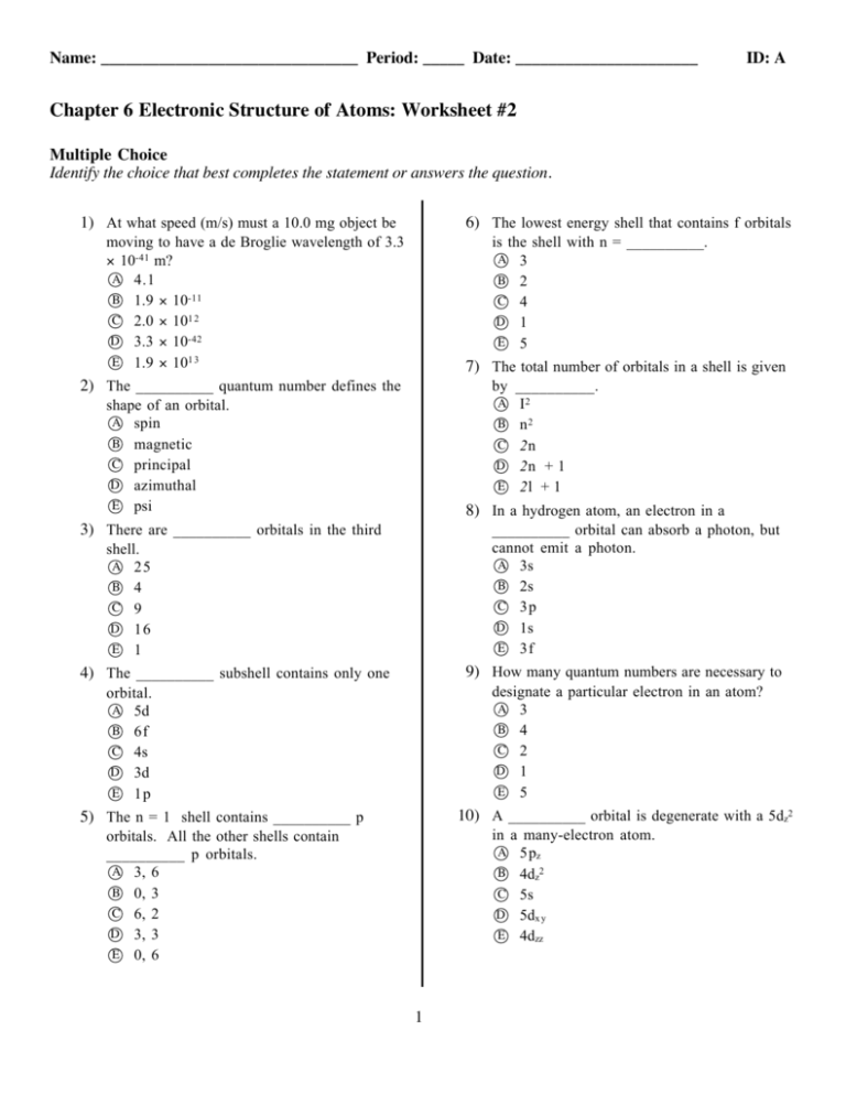 Chapter 6 Electronic Structure Of Atoms Worksheet 2