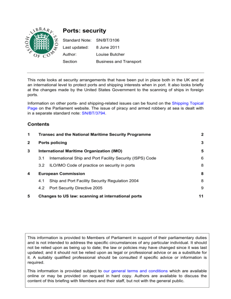 Ports Security: UK & International Arrangements