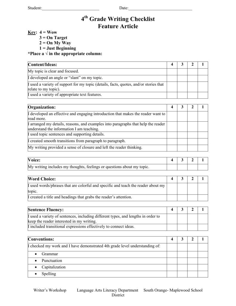 4 Grade Writing Checklist Feature Article 4 Grade Writing Checklist Feature Article