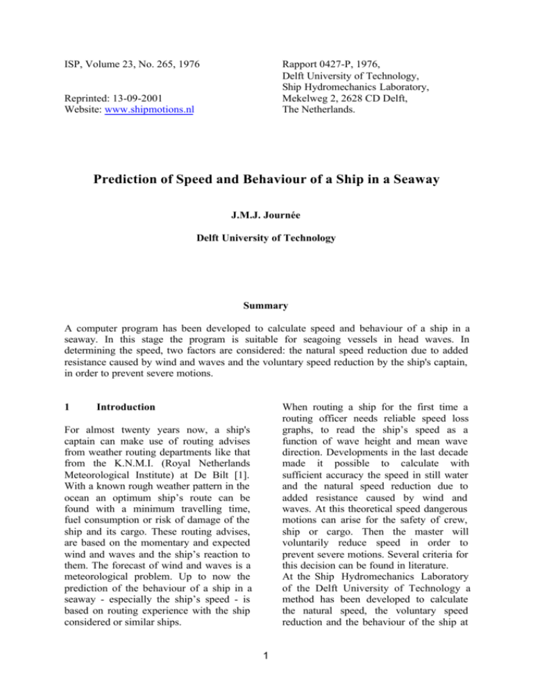 Prediction Of Speed And Behaviour Of A Ship In A Prediction Of Speed And Behaviour Of A Ship In A